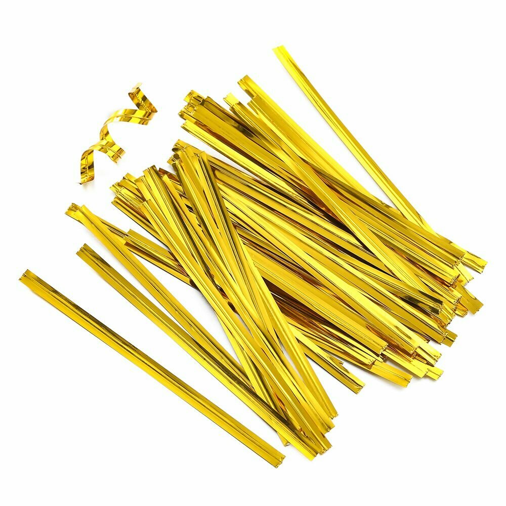 Декоративная проволока для подарочных пакетов 10 см золотой металлизированная / Твист-лента фиксатор для пакетов 1 упак 750шт