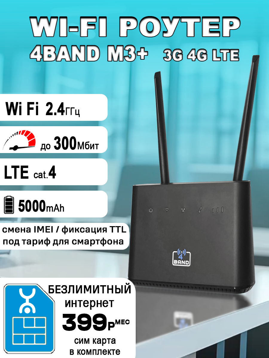 4G роутер Wi Fi M5, акб 5000mAh, антенны, сим карта с безлимитным интернетом за 399