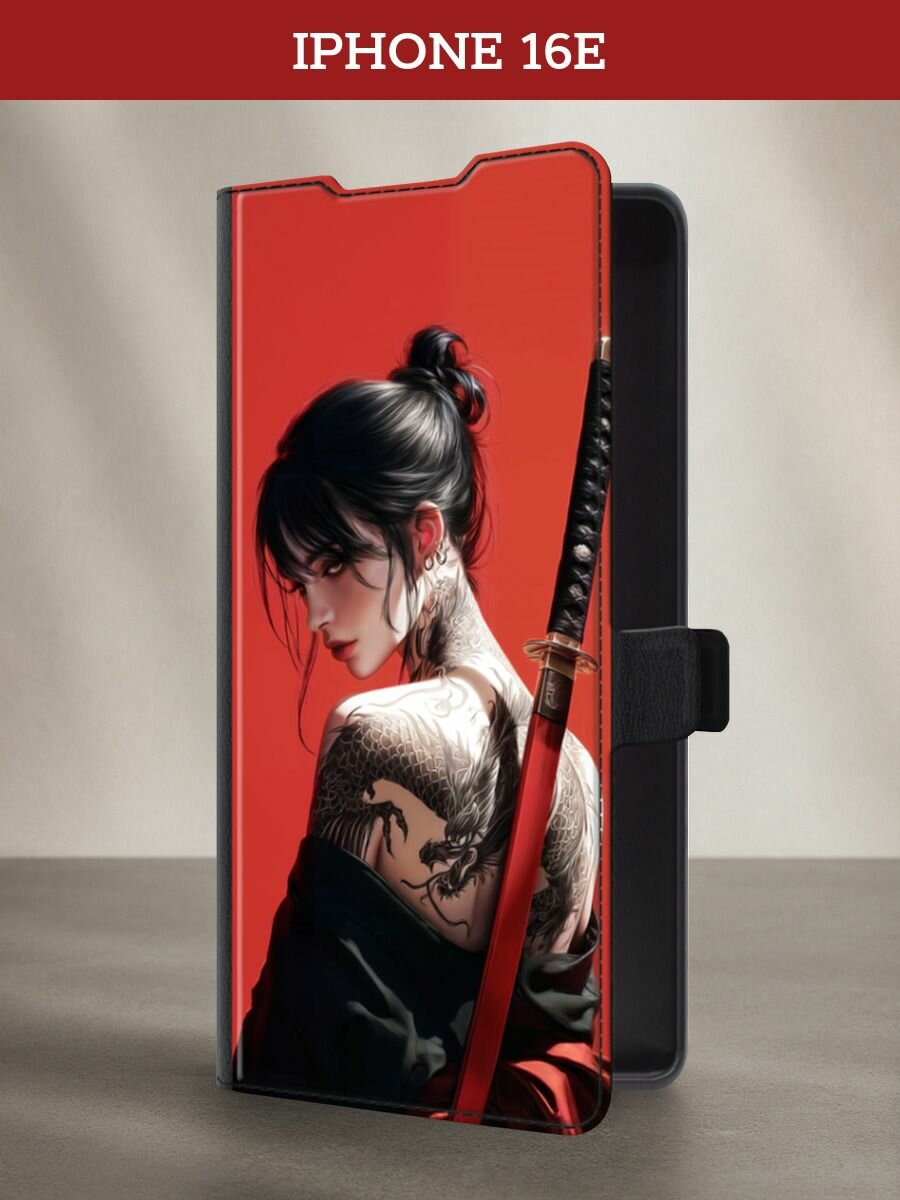 Чехол-книжка на Apple iPhone 16e/17e / Айфон 16е/17e с принтом Девушка самурай с катаной, черный