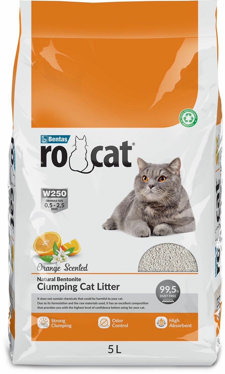 Ro Cat Orange Наполнитель для туалета кошек, комкующийся, с ароматом апельсина, 5 л, 4.25 кг