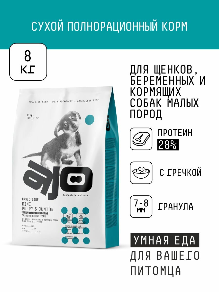 Сухой корм AJO Dog Mini Puppy & Junior с гречкой для щенков малых пород 8 кг
