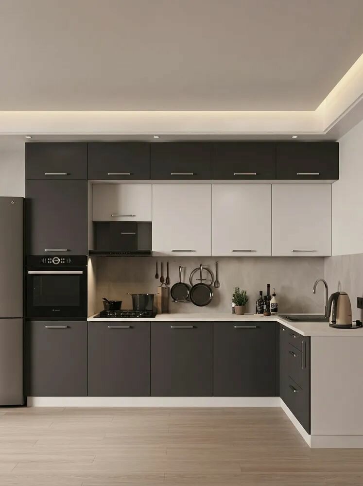 Кухонный гарнитур (кухня) Аврора угловой 3,0х1,8м МДФ Миксы, графит софт/белый софт без столешницы