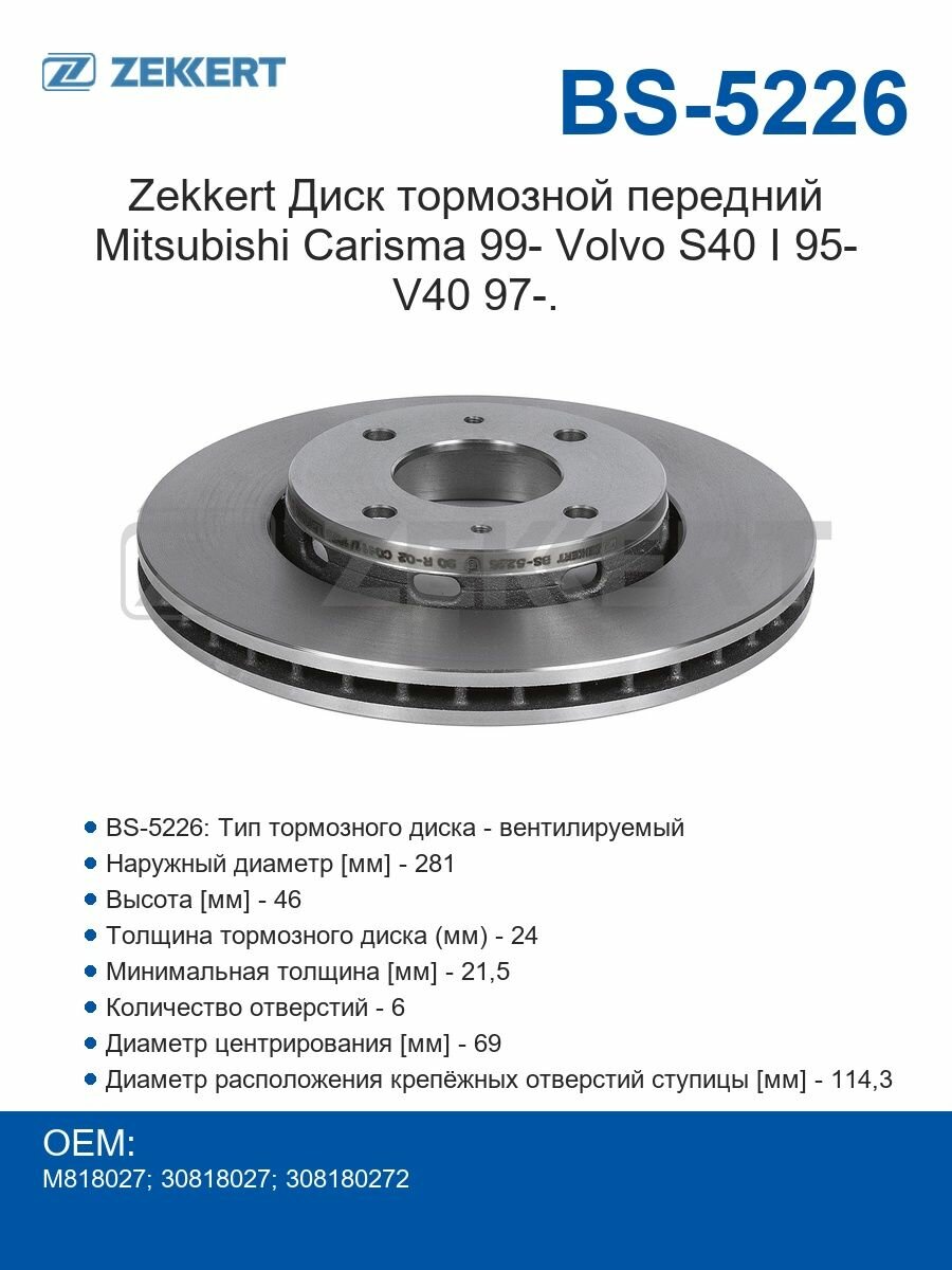 Zekkert Диск тормозной передний Mitsubishi Carisma 99- Volvo S40 I 95- V40 97-.