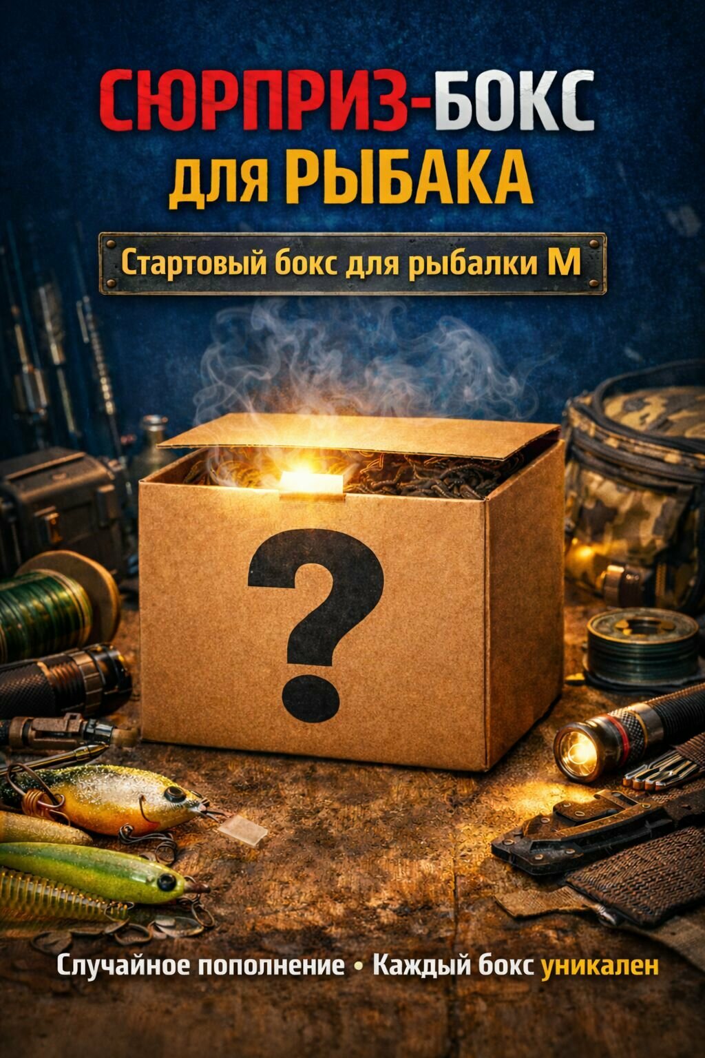 Мистери бокс M для рыбака, cюрприз-бокс, подарочный набор с рыболовными товарами, мистерибокс