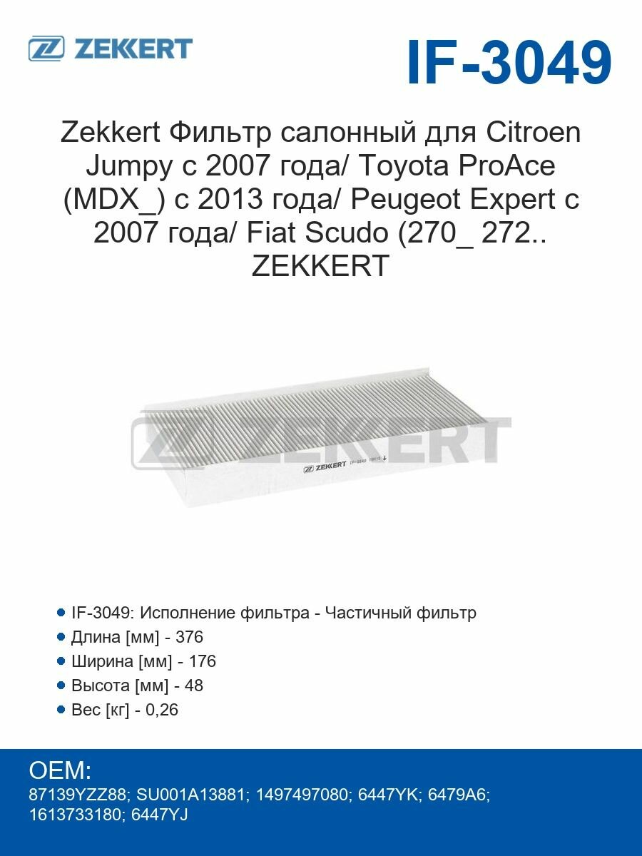 Zekkert Фильтр салонный для Citroen Jumpy с 2007 года/ Toyota ProAce (MDX_) с 2013 года/ Peugeot Expert с 2007 года/ Fiat Scudo (270_ 272. ZEKKERT