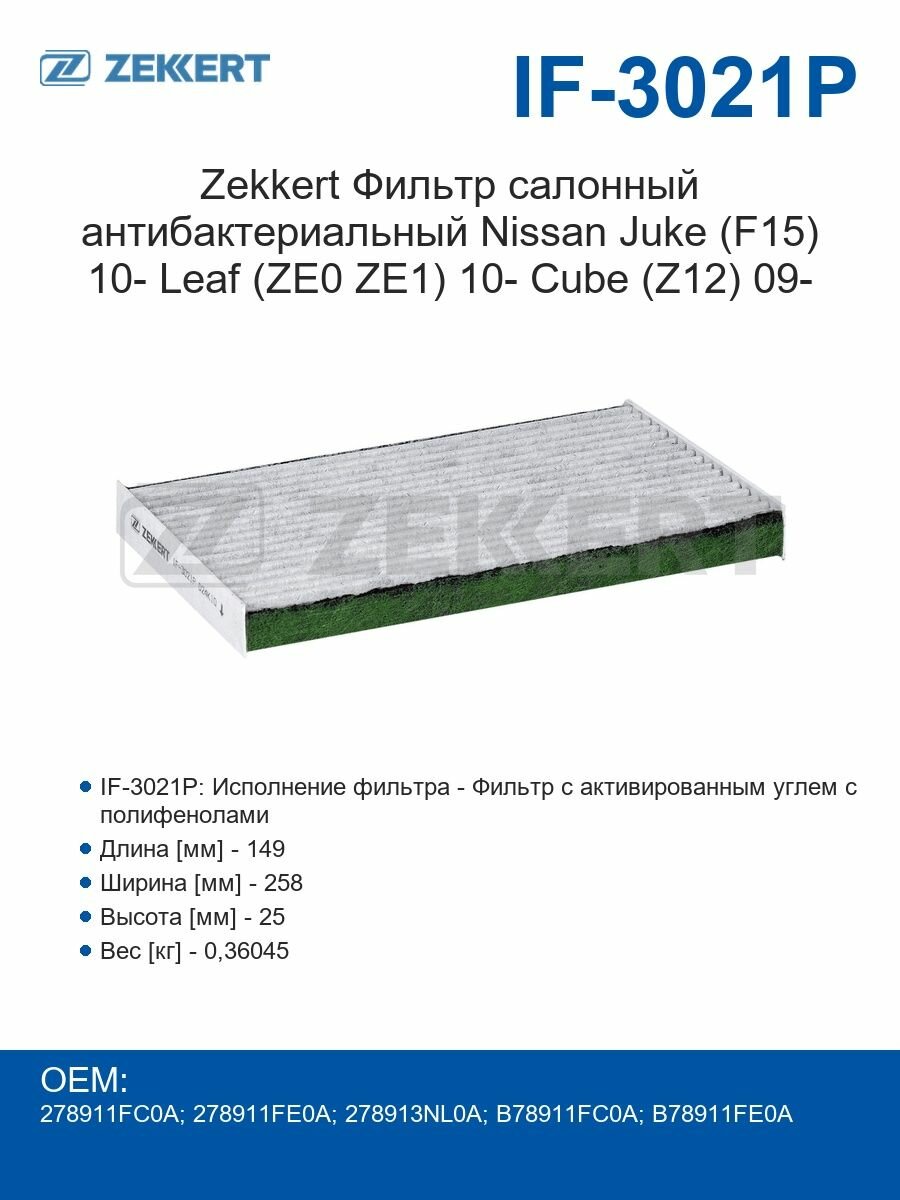 Zekkert Фильтр салонный антибактериальный Nissan Juke (F15) 10- Leaf (ZE0 ZE1) 10- Cube (Z12) 09-