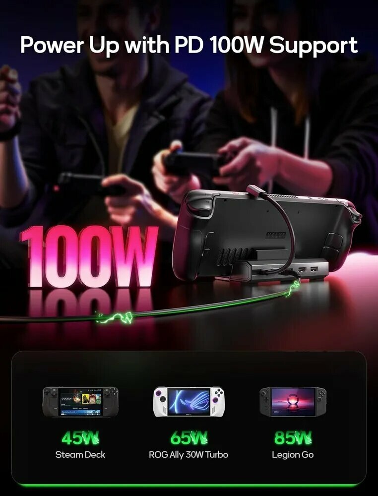 Обновленная док-станция JSAUX 4K при 120 Гц для Steam Deck OLED/ROG Ally X, док-станция Steam Deck 5 в 1 с HDMI 2.1, Ethernet 100 Мбит/с, USB 2.0 и зарядкой 100 Вт для Steam Deck LCD-HB0602