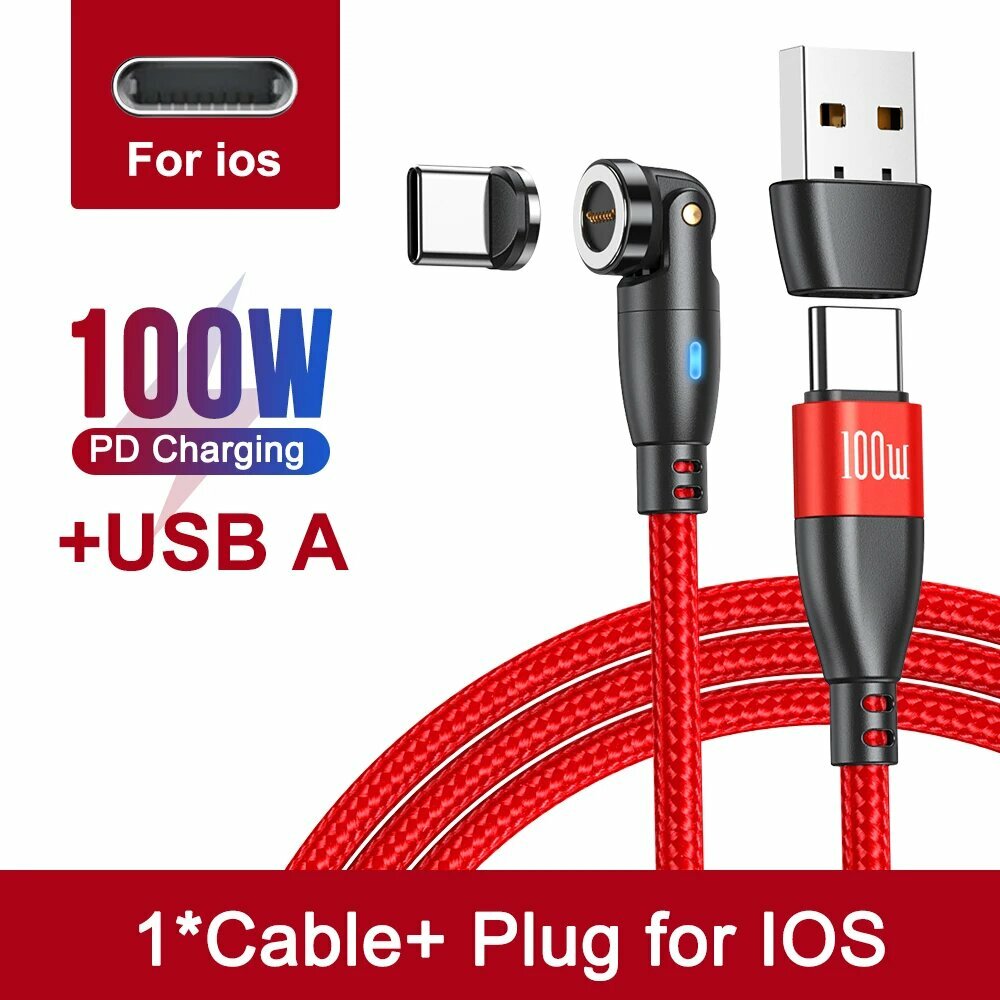AUFU 100 Вт Магнитный кабель USB типа C 5A Кабель для быстрой зарядки Micro 1,8 м, Red for iPhone14