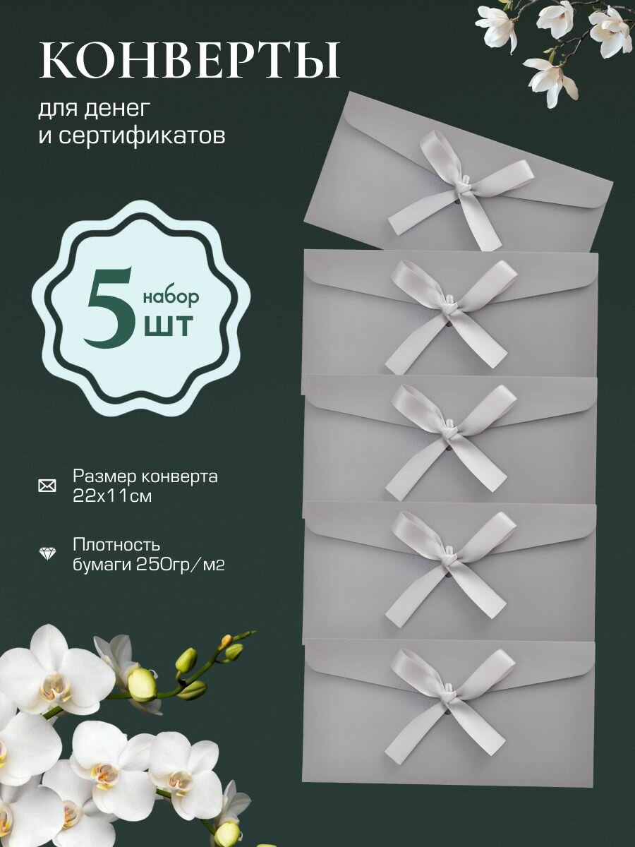 Конверты подарочный серые (для денег, сертификата, письма), набор 5 шт.