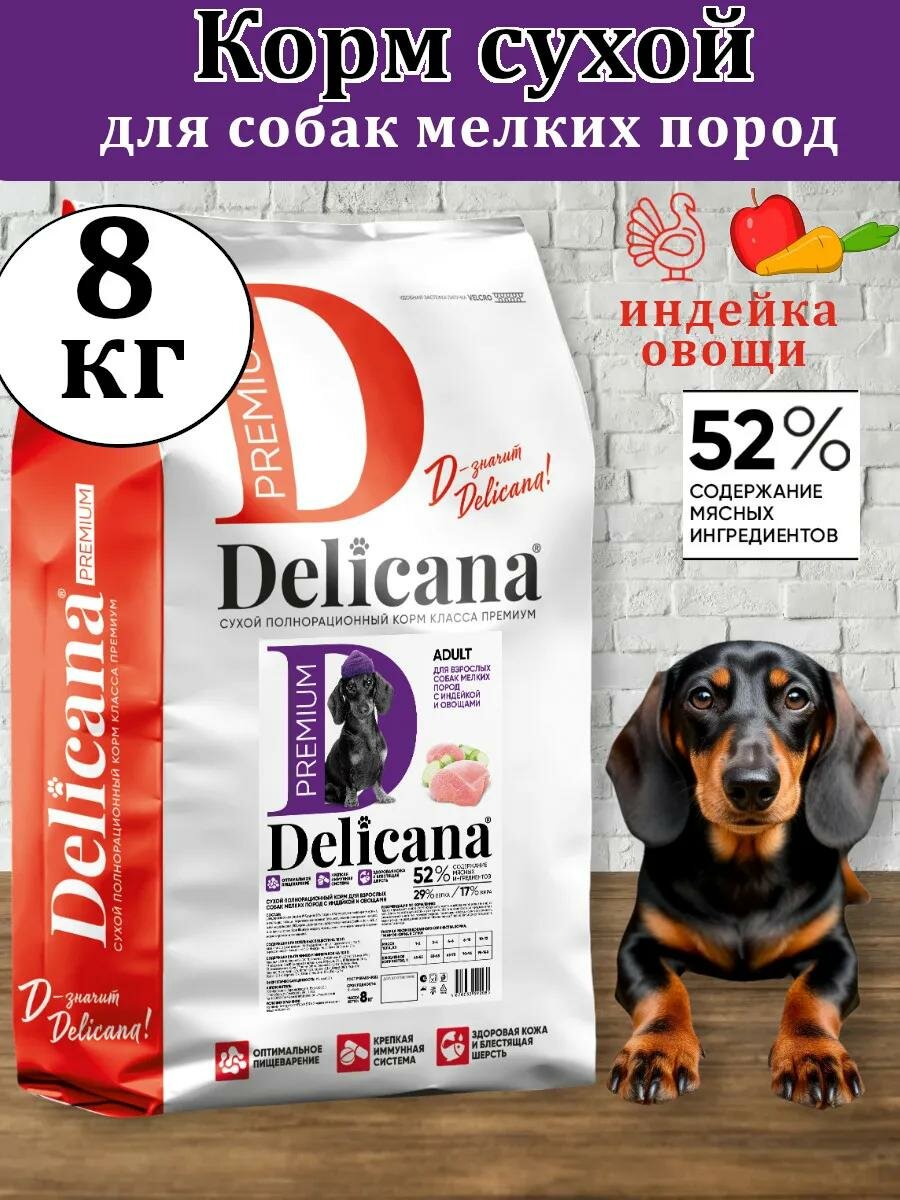Сухой корм Delicana для взрослых собак мелких пород, с индейкой и овощами, 8 кг