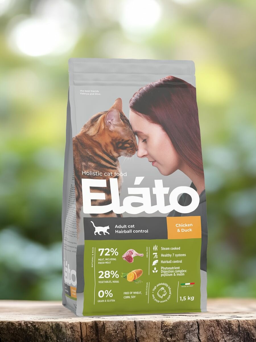 Корм Elato для кошек для выведения шерсти Курица и Утка 1,5кг