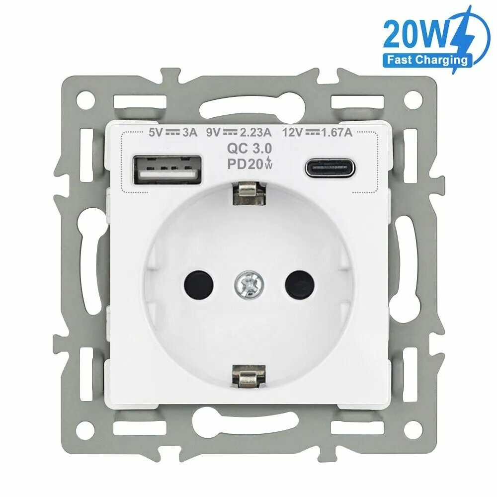Розетка с usb(без рамки), с Usb/Type-C AC, 20Вт быстрой зарядки, Белый