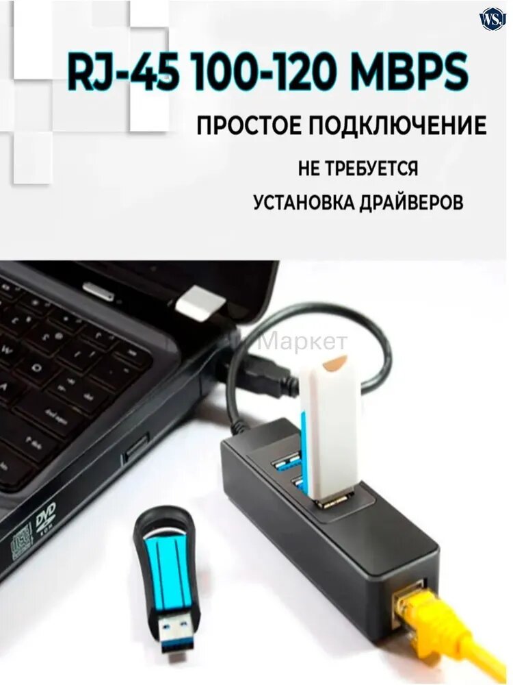 USB разветвитель 4 в 1/ Разветвитель USB 3.0 на 3 порта/ переходник LAN Интернет 100 Мбит/с