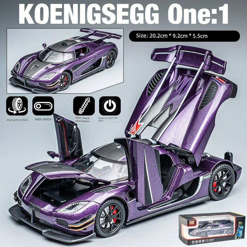Модель автомобиля 1/24 Koenigsegg Agera One:1 из сплава, фиолетовый, детализированная реплика гоночного автомобиля для