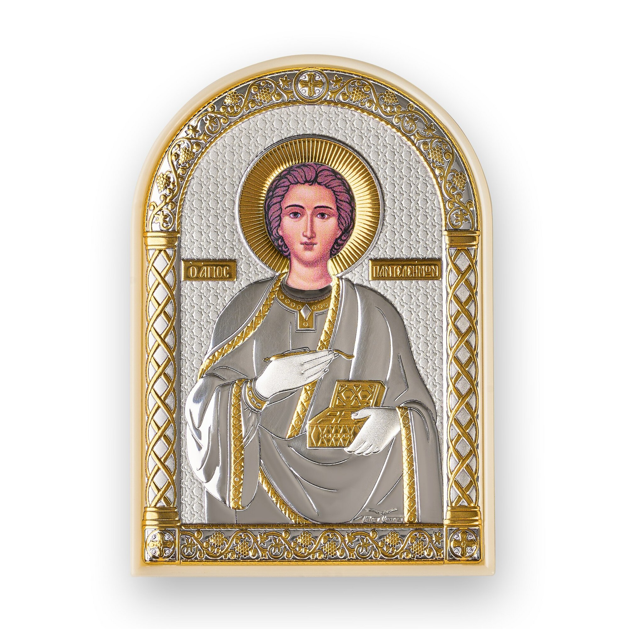 Икона серебряная, греческая Пантелеймон 80х115мм