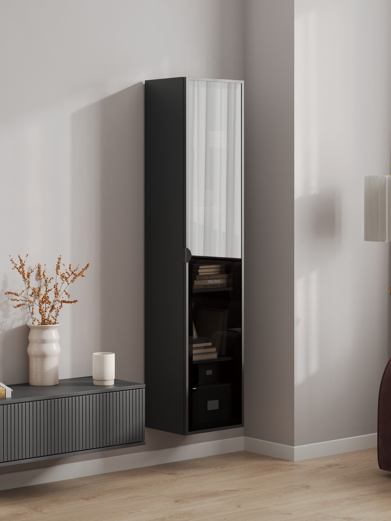 Шкаф-витрина навесной Амели с полками, 40х34.1х184 см, Черный графит