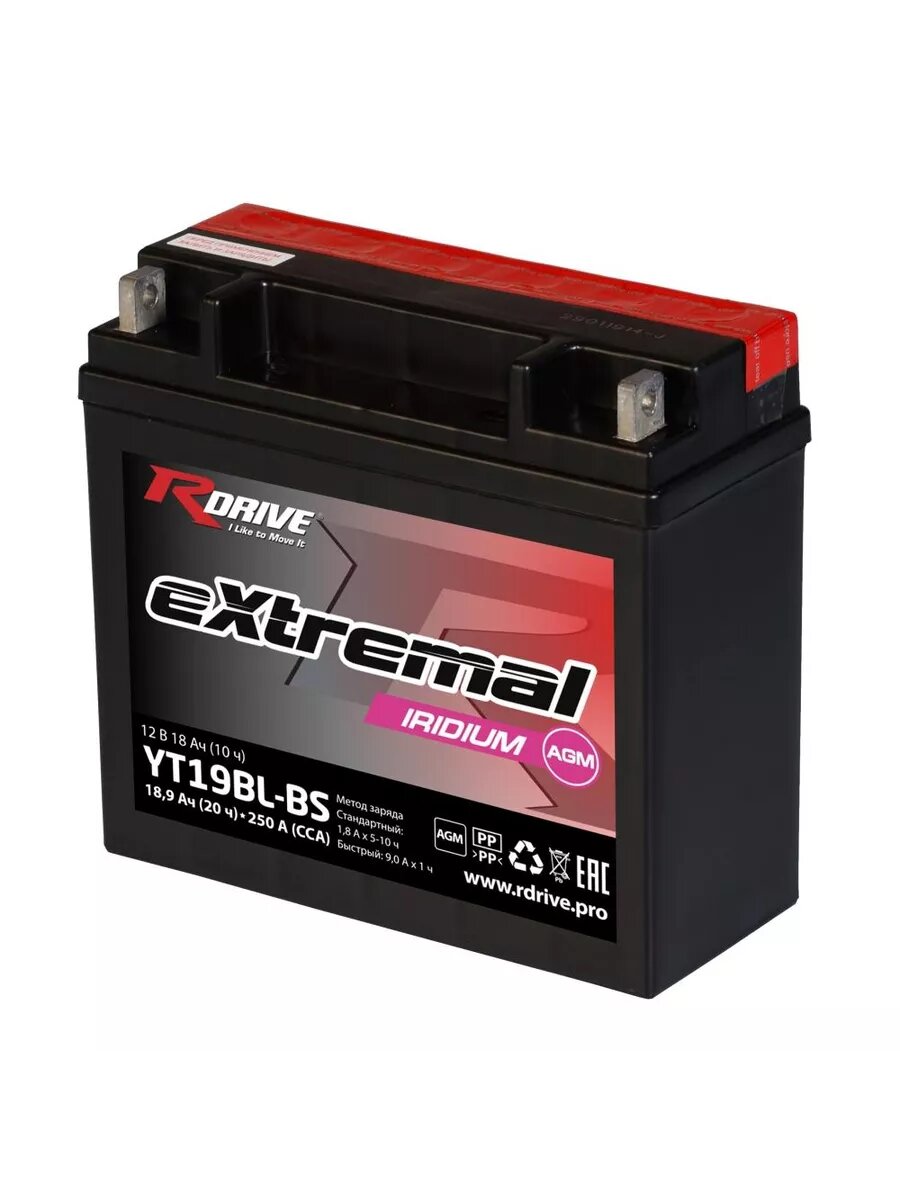 Аккумулятор RDRIVE IRIDIUM YT19BL-BS 12V 18.9Ач обр. пол.