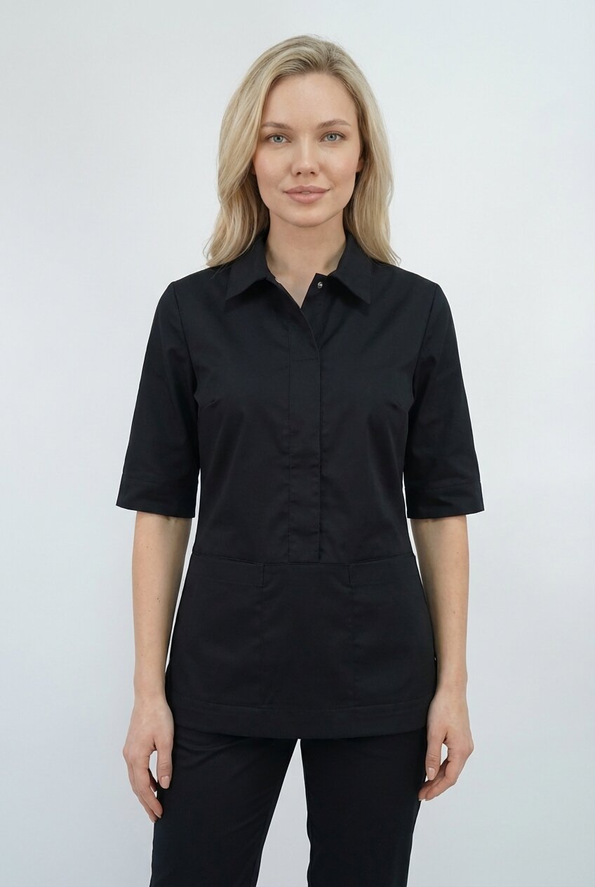 Блузка медицинская вилан, женская, короткий рукав, стрейч-эффект, черная, рост 158-164