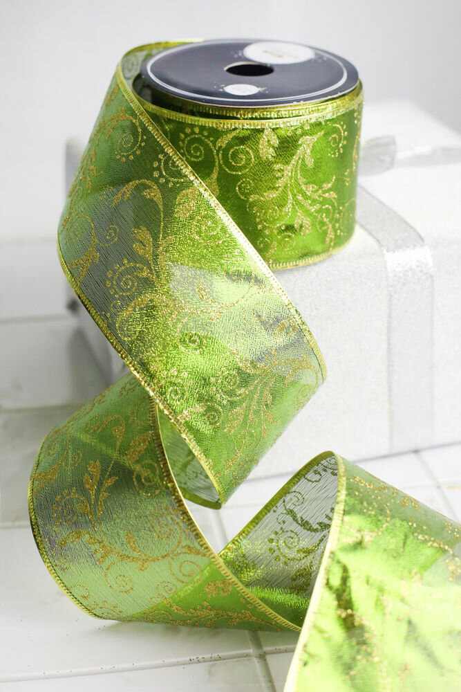 Лента для декорирования изящная - Цветочные Узоры, зелёный с золотым, 6x270 см, Kaemingk 445325-4