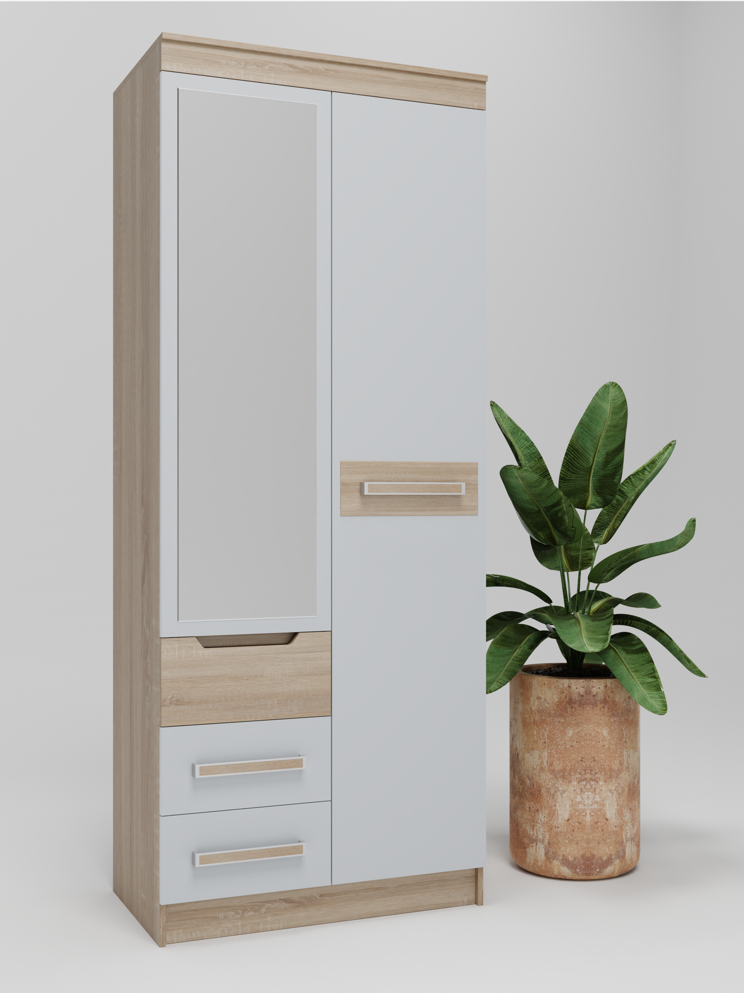 Шкаф для одежды распашной двух створчатый с зеркалом, с ящиками, Домино сонома/белый лофт