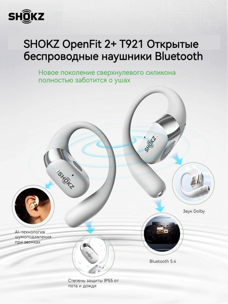 Наушники SHOKZ OpenFit 2+ T921, Bluetooth 5.4, шумоподавление, OpenFit, крепление на ухо, серебристые