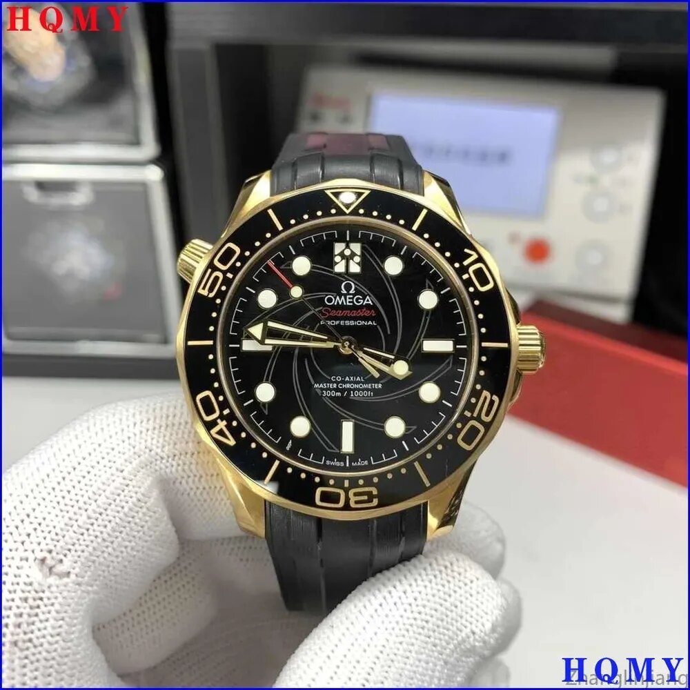 Часы наручные Механические OMG-01 Gold Seamaster Professional 300m/1000ft Черное золото Сапфировое Стекло 42mm