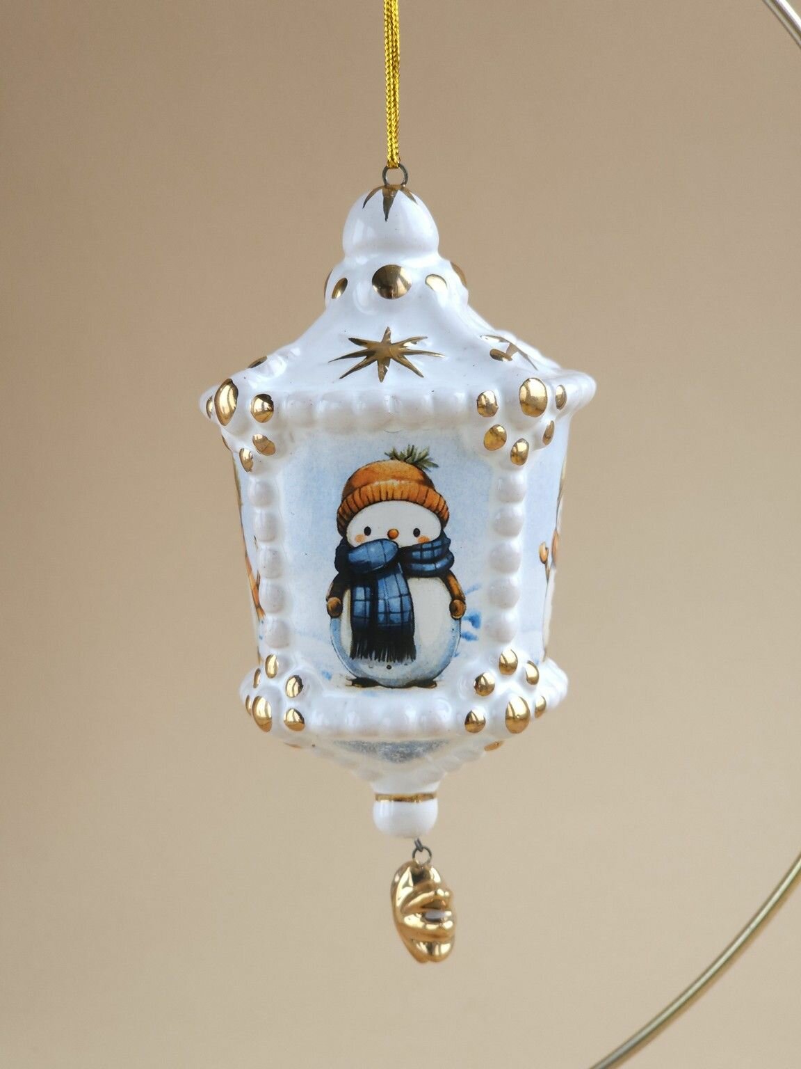 Ёлочная игрушка "Фонарик с бусинками "Снеговики". Ярославская майолика. Керамика ручной работы. Сделано в России.