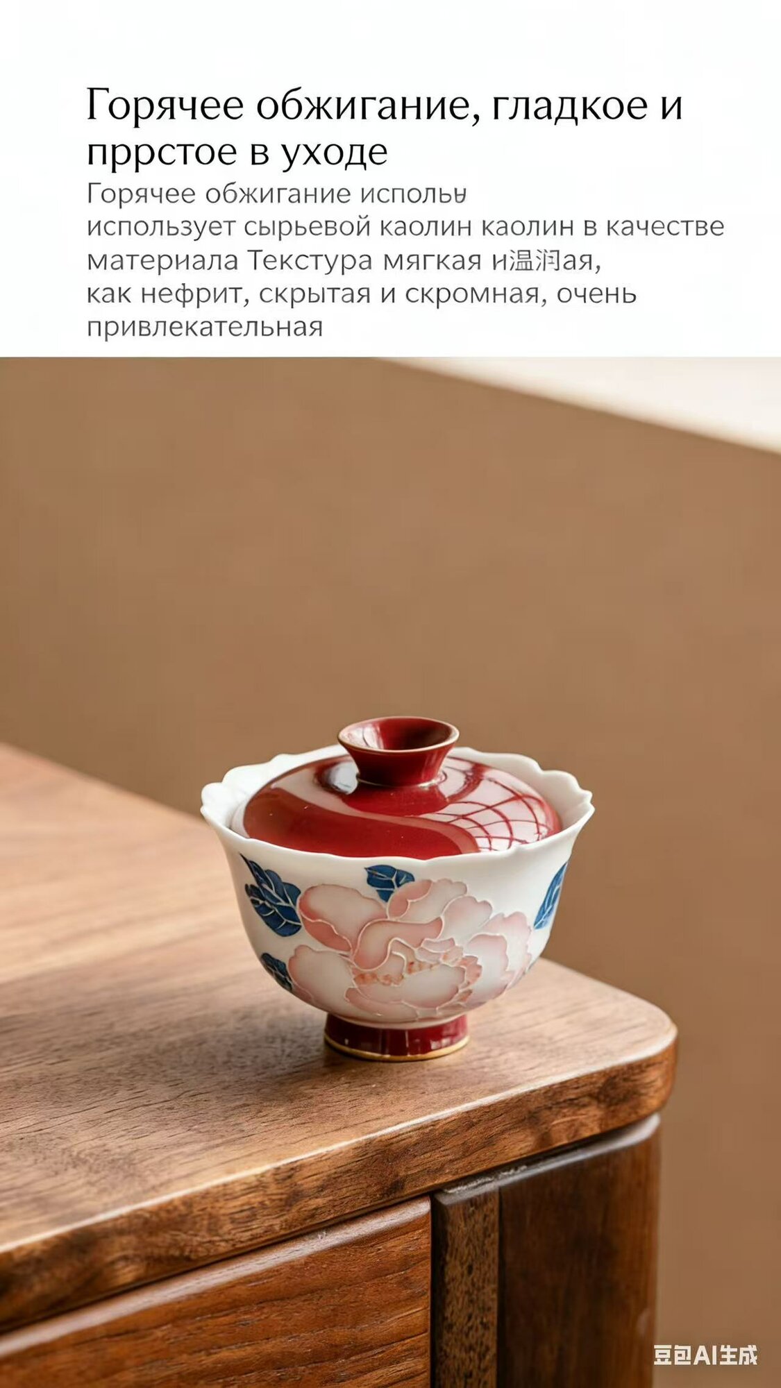 Чайный сервиз "Пион", ручная роспись, керамический, 112мл, красная/белая