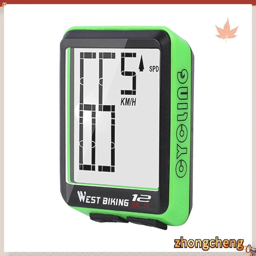 Велокомпьютер WEST BIKING 12 WLS. Велосипедный спидометр, с подсветкой дисплея, для руля, зеленый