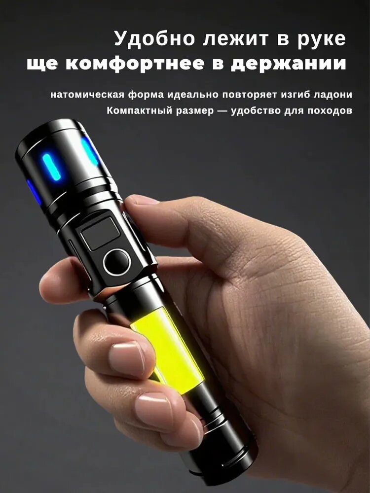Фонарь-прожектор светодиодный, 2000м, 5 режимов работы, с регулируемым ZOOM, USB зарядка — фото 1