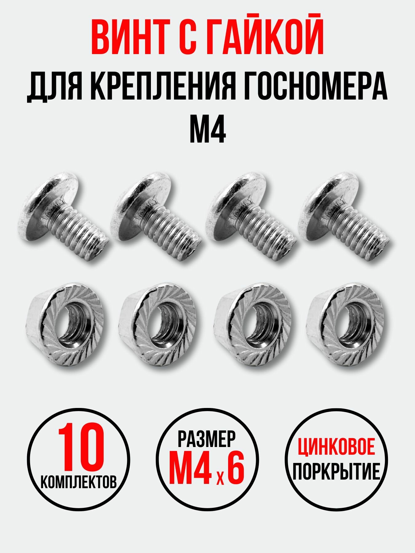 Винт с гайкой для крепления госномера М4 10 шт.