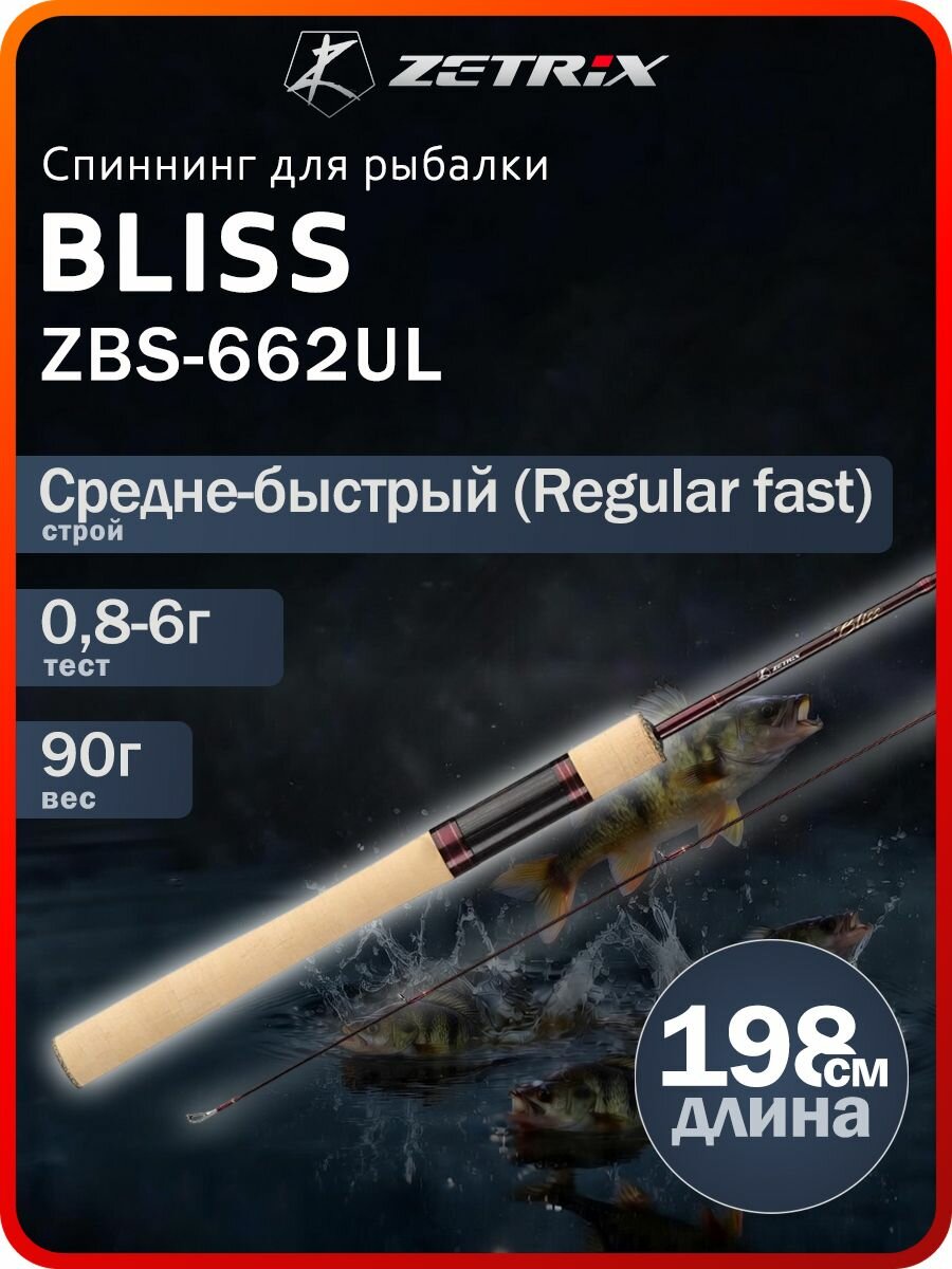 Спиннинг для рыбалки Zetrix Bliss ZBS-662UL, Китай. 7 колец.