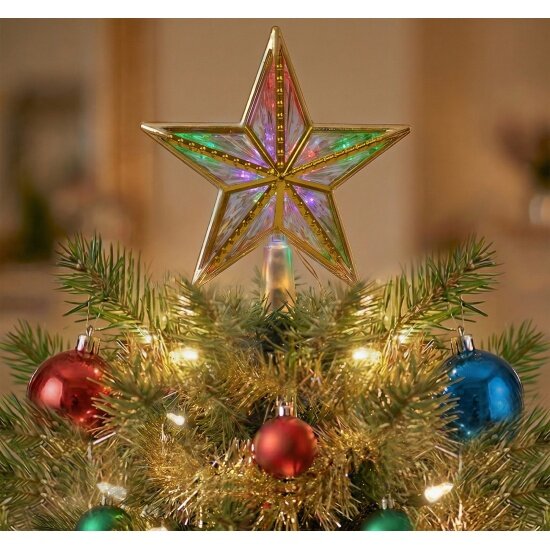 Украшение светодиодное для ёлки Uniel ULD-H1515-010-DTB-2AA MULTI STAR-4 «Звезда-4» на батарейках 2АА (не в/к), 15 см. 10 светодиодов. Разноцветный свет. Прозрачный провод, UL-00010942