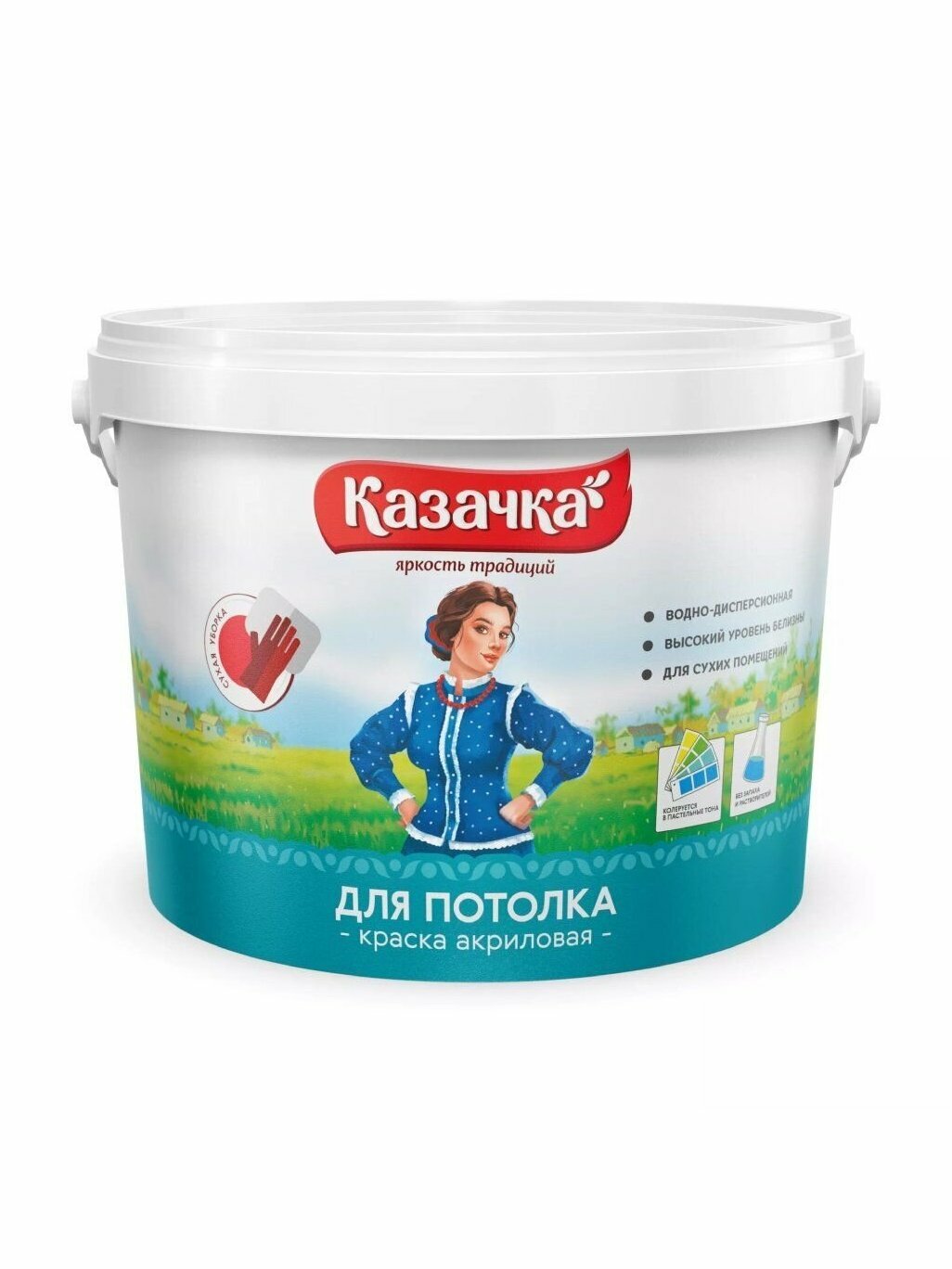 Краска водно-дисперсионная Казачка W-1 акриловая для потолков и обоев матовая белая 13 кг для внутренних работ