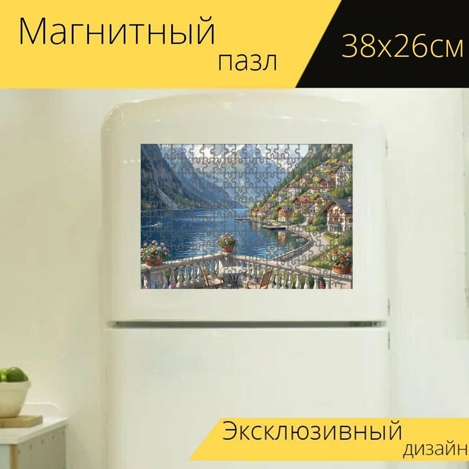 Магнитный пазл "Альпийский вид на озеро и горы. Живописная панорама с бирюзовой водой, заснеженными вершинами, уютными домами на склоне и цветущей террасой." для интерьера, 38х26 см.