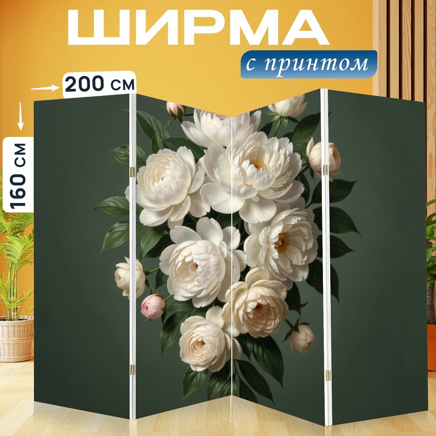 Ширма "Белые цветы на зелёном фоне. Нежная ботаническая композиция с пышными кремово-белыми бутонами и." перегородка для зонирования комнаты с принтом 200x160 см. на холсте