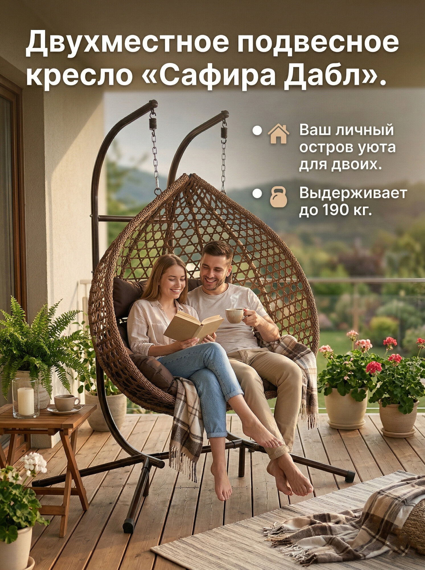 Двухместное подвесное кресло-кокон качели из искусственного ротанга со стойкой Сафира Дабл (Safira Double), коричневое