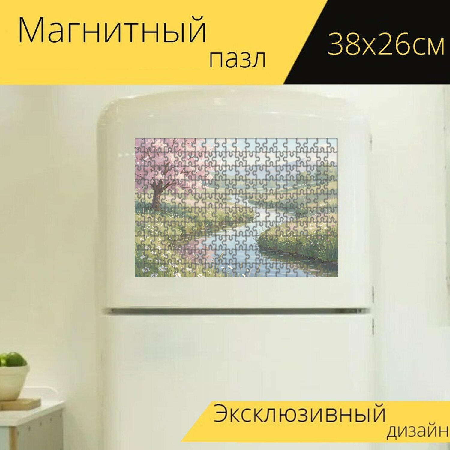 Магнитный пазл "Весенний пейзаж с цветущей сакурой. Нежная иллюстрация: розовое цветущее дерево у извилистого ручья, луговые ромашки, зелёные холмы и." для интерьера, 38х26 см.
