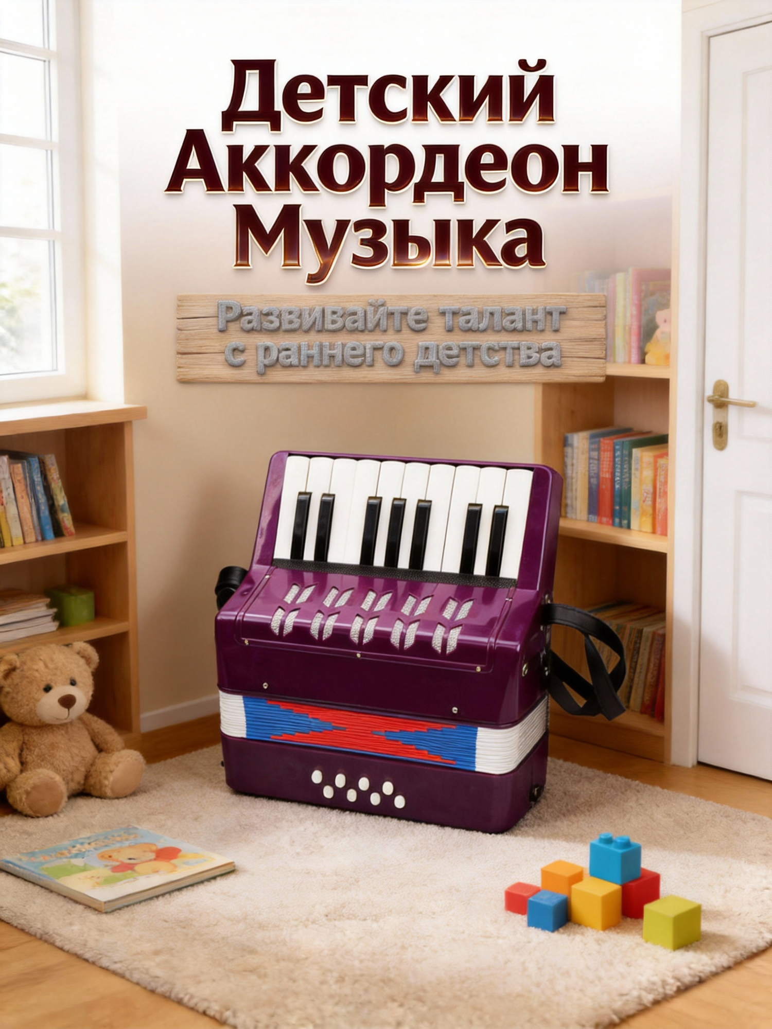 Детский музыкальный инструмент аккордеон Musica, ABS пластик, эргономичный корпус и удобные клавиши для развития чувства ритма