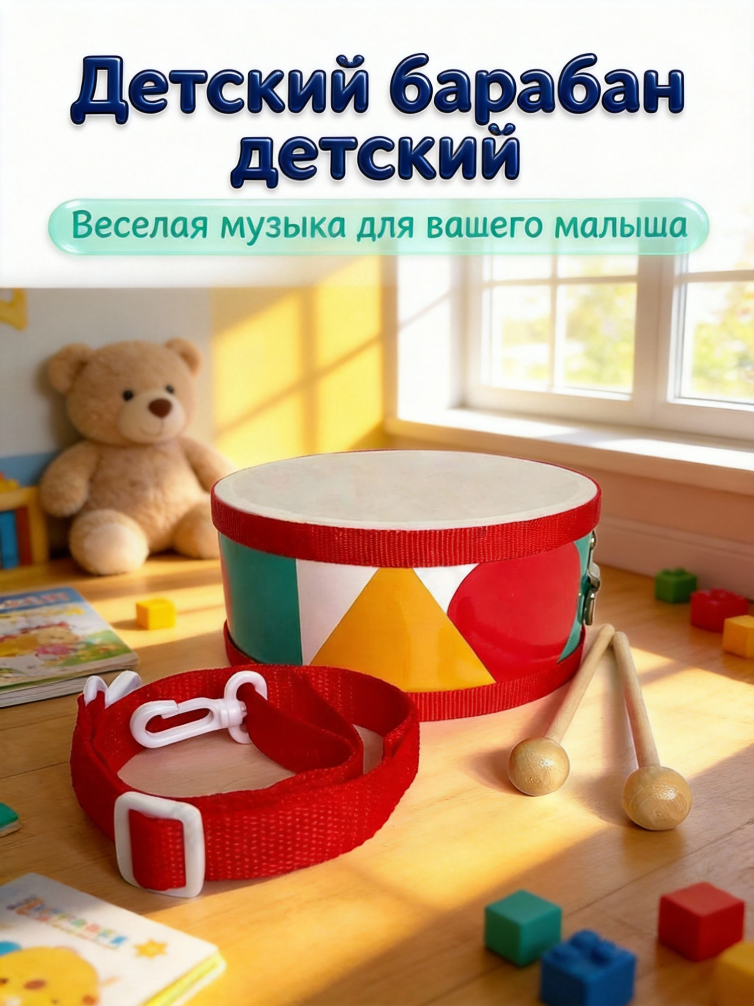Детский деревянный барабан, музыкальная игрушка для развития слуха, ритма и координации движений
