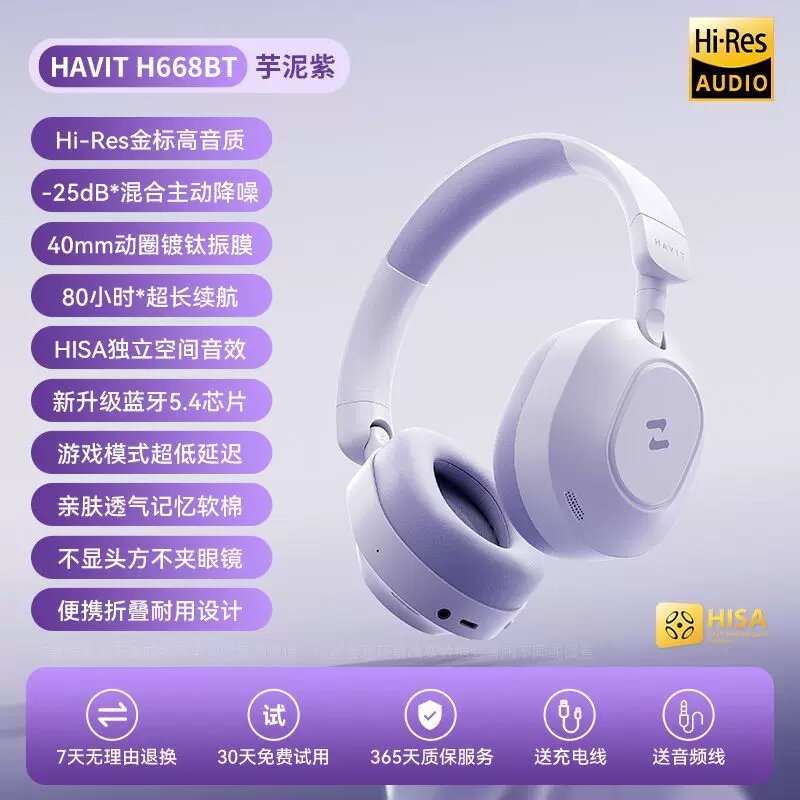Беспроводные наушники Bluetooth 5.4 Taro Purple с активным шумоподавлением 25dB, сертификат Hi-Res, автономность 80