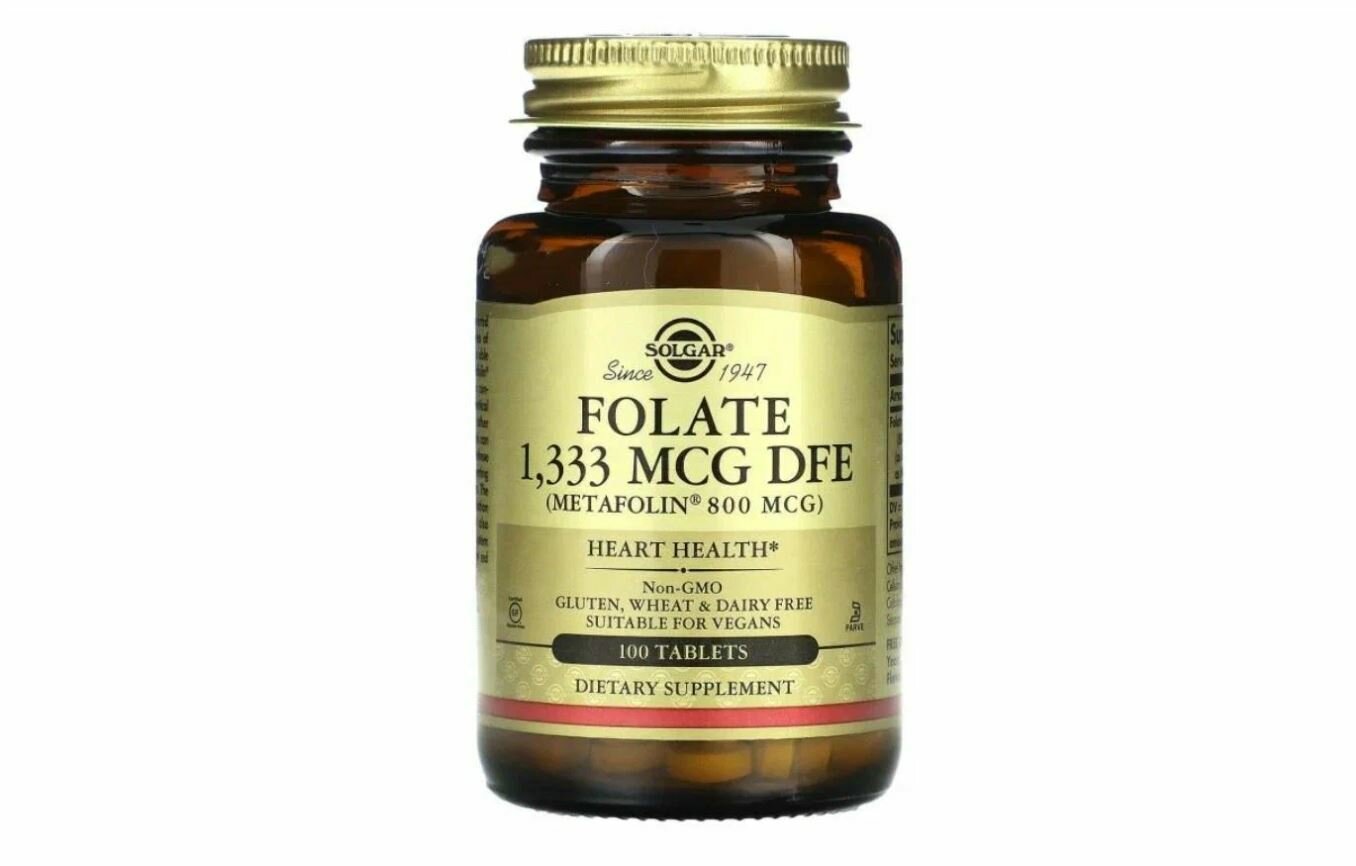 Solgar, Folate 800 mcg (as Metafolin®), Фолат в виде метафолина, 100 таблеток. Без пленки. Оригинал.