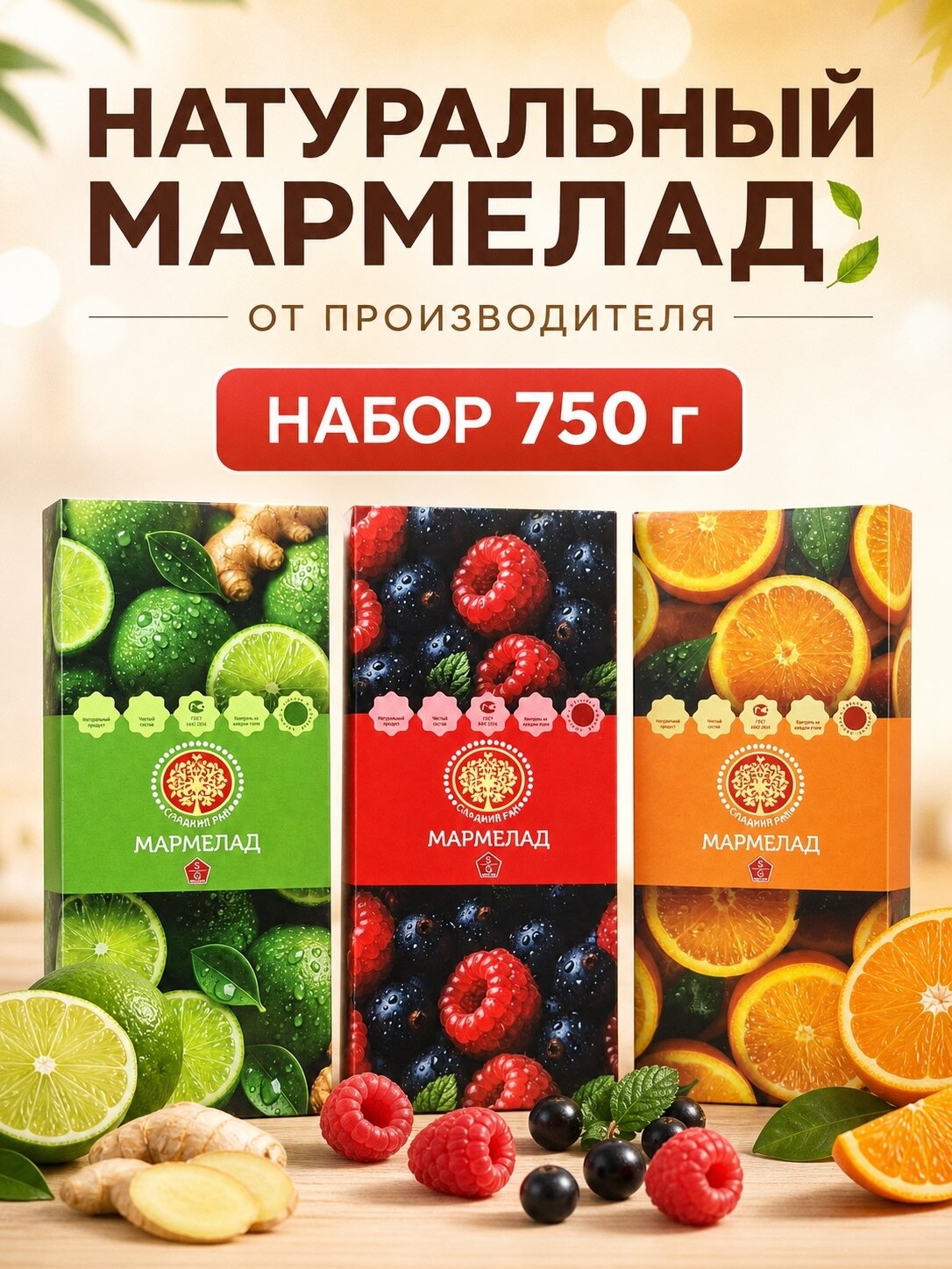 Натуральный мармелад подарочный набор из трех вкусов, 750 гр