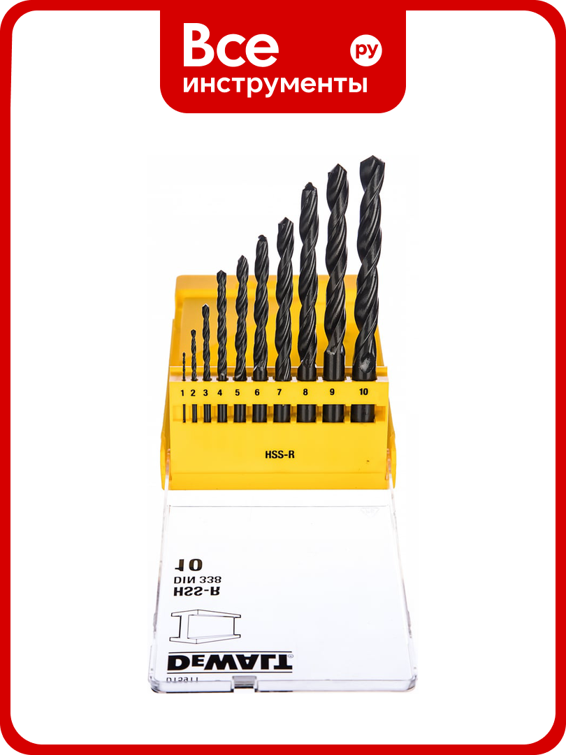 Набор сверл по металлу в пластиковой кассете 10 шт. (1-10 мм; HSS-R) DEWALT DT 5911 спиральной конструкции