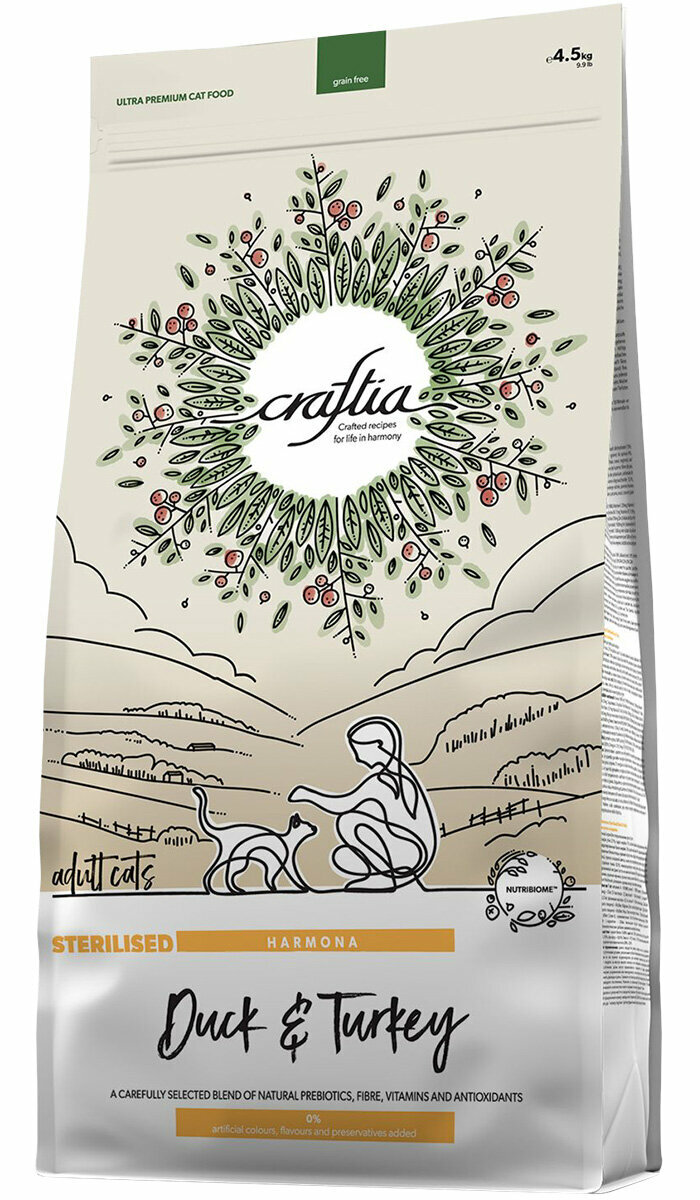 Корм сухой Craftia Harmona Grain Free Sterilised для кастрированных и стерилизованных кошек, утка и индейка, 4,5 кг
