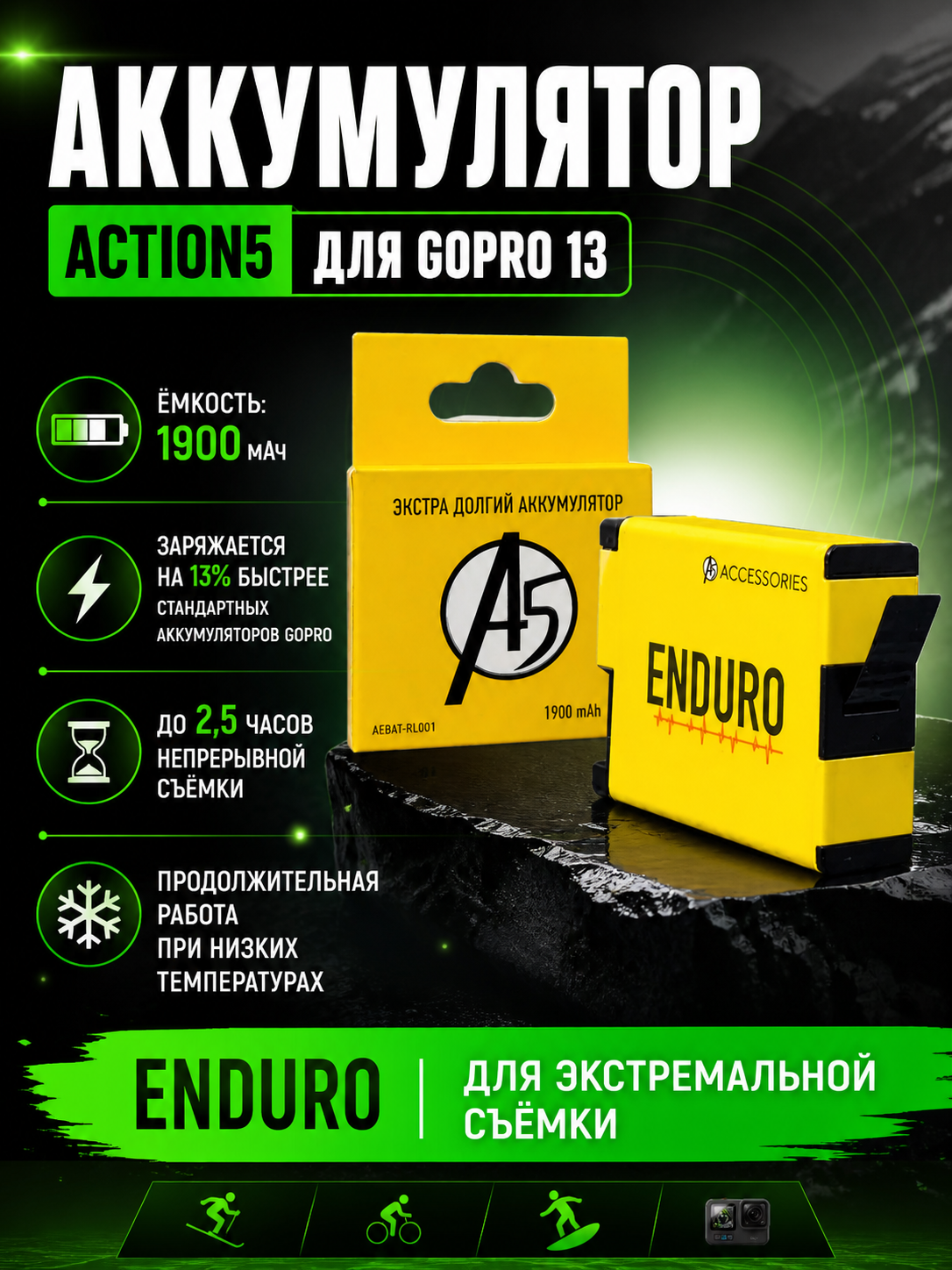 Аккумулятор Action5 Enduro для экшн камеры GoPro Hero 13 Rechargeable Battery, 1900 mAh, AEBAT-RL001