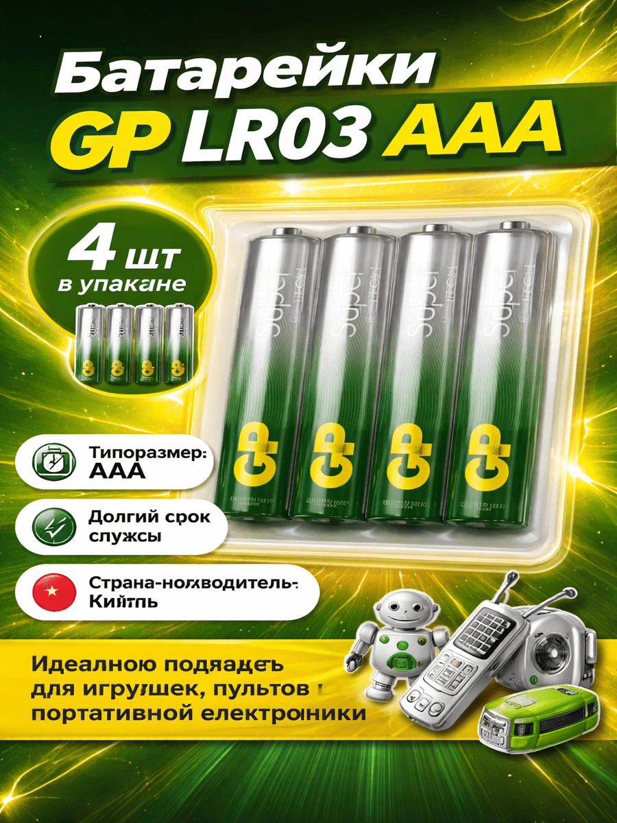 Батарейки GP LR03 ААА, 4шт