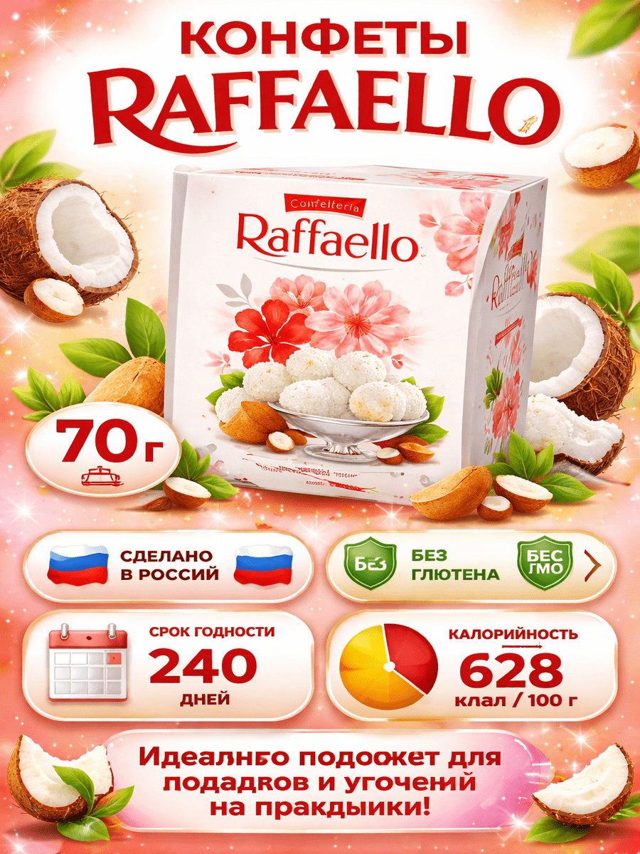 Конфеты в коробке Raffaello с цельным миндальным орехом в кокосовой обсыпке, 70г