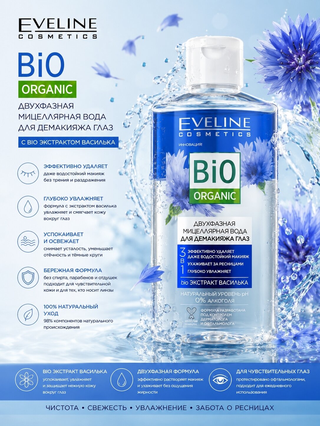 EVELINE BIO ORGANIC Двухфазная мицеллярная вода для демакияжа глаз 3 в 1 150 мл
