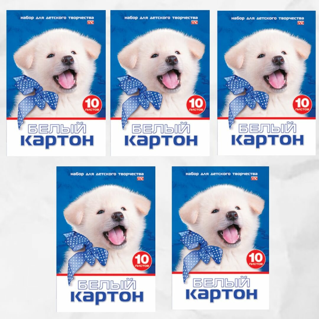 Картон белый А4 белый щенок (5 шт х 10 листов), мелованный, плотность 230 г/м2, HATBER VK